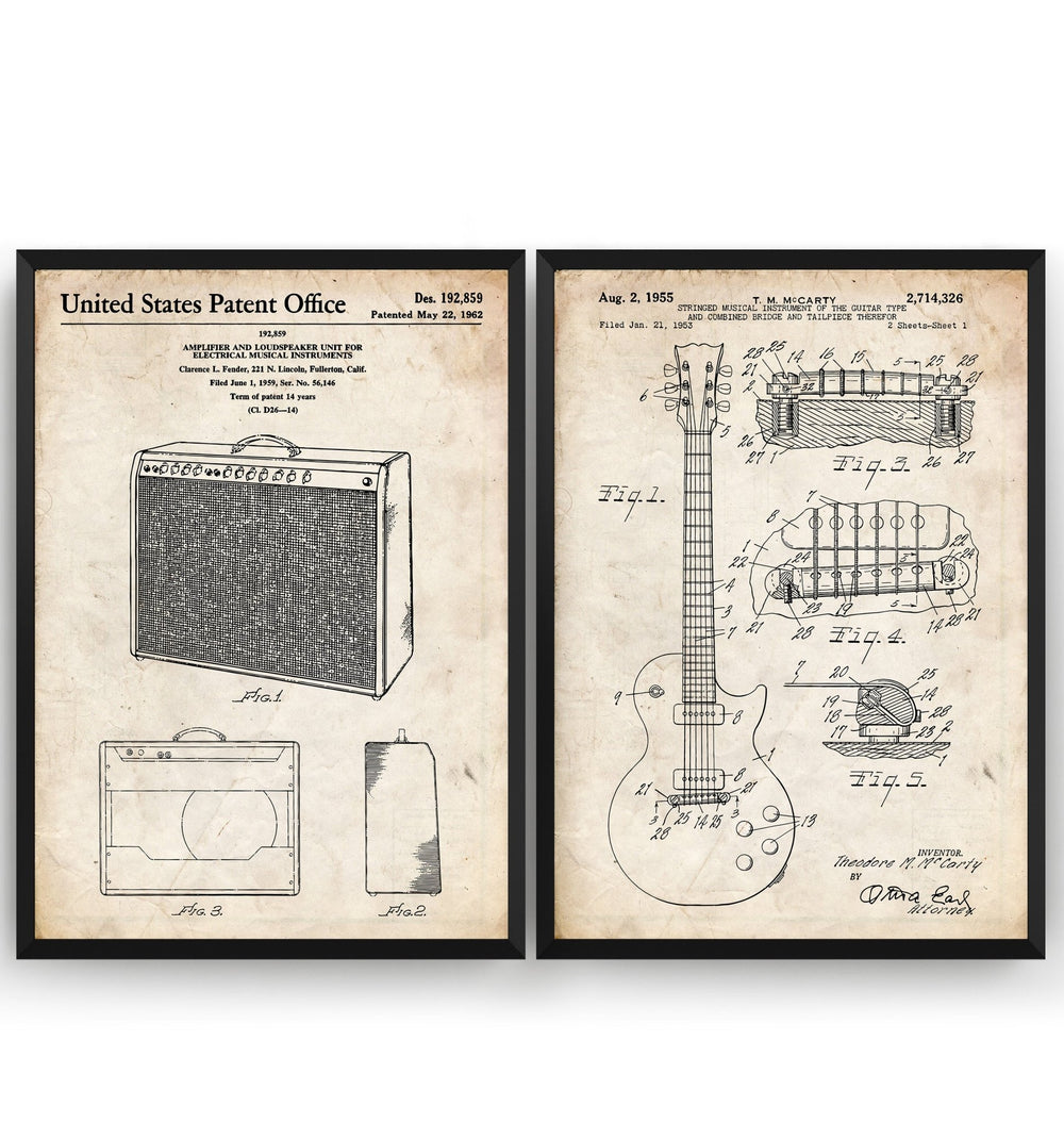 Gibson Les Paul Guitar 1955 + Amplifier 1962 Sets Of 2 Patent Prints ...