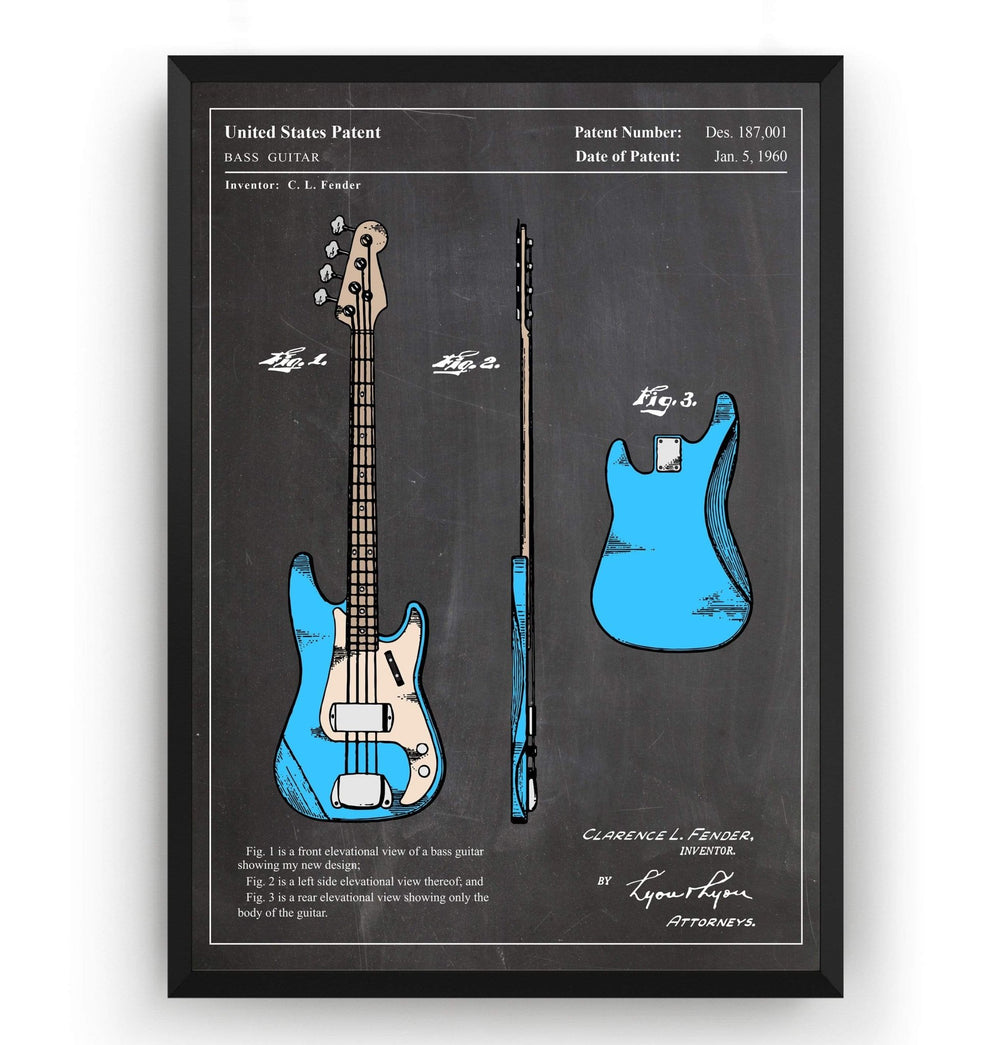 Colourised Fender Precision Bass Guitar 1960 Patent Print - Magic Posters