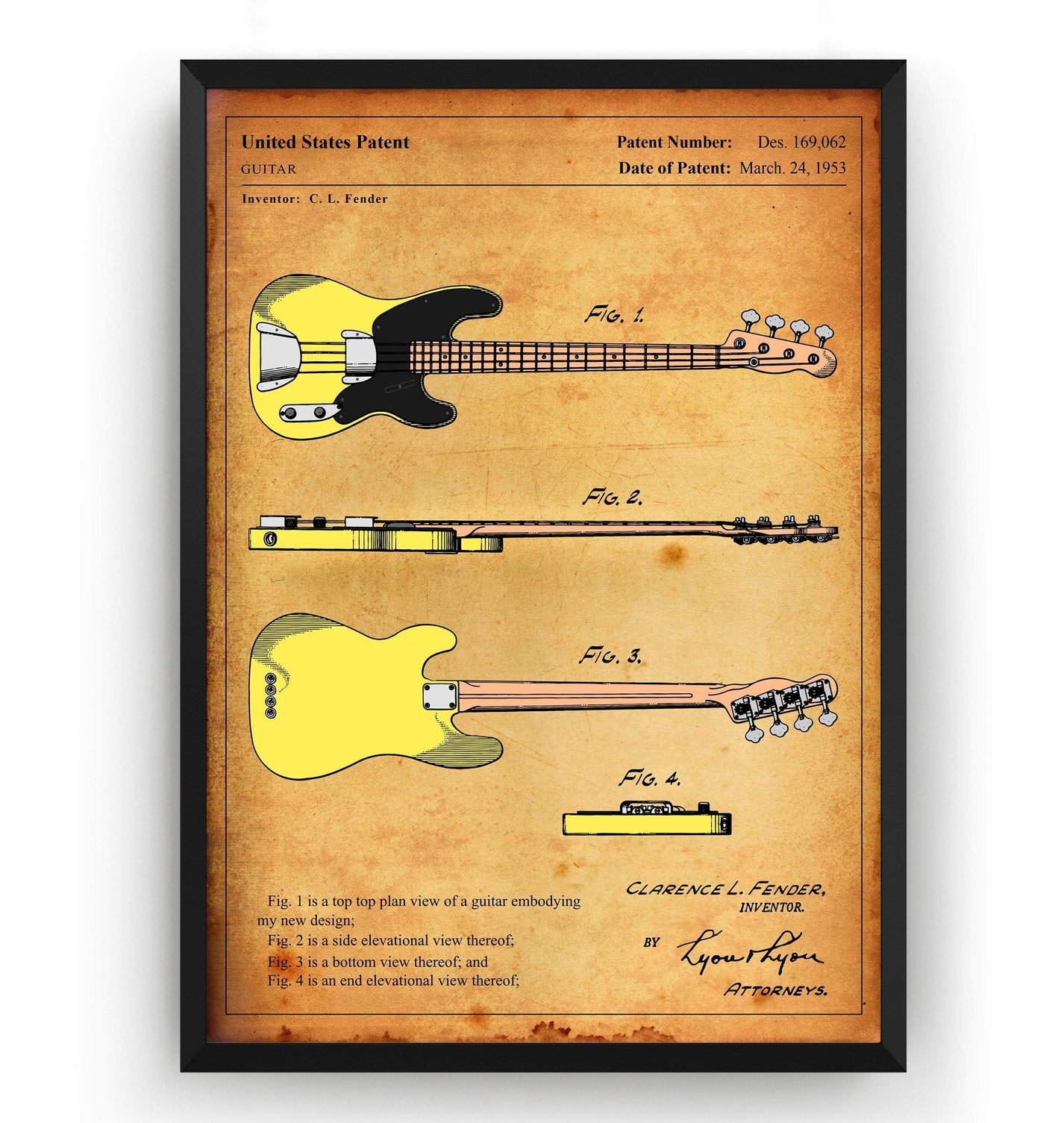 Colourised Fender Telecaster Bass Guitar 1953 Patent Print - Magic Posters
