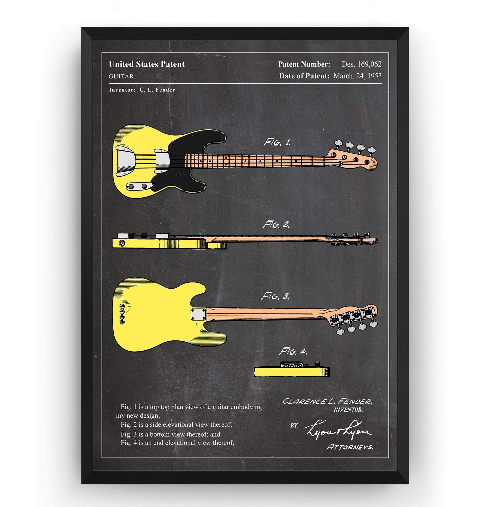 Colourised Fender Telecaster Bass Guitar 1953 Patent Print - Magic Posters