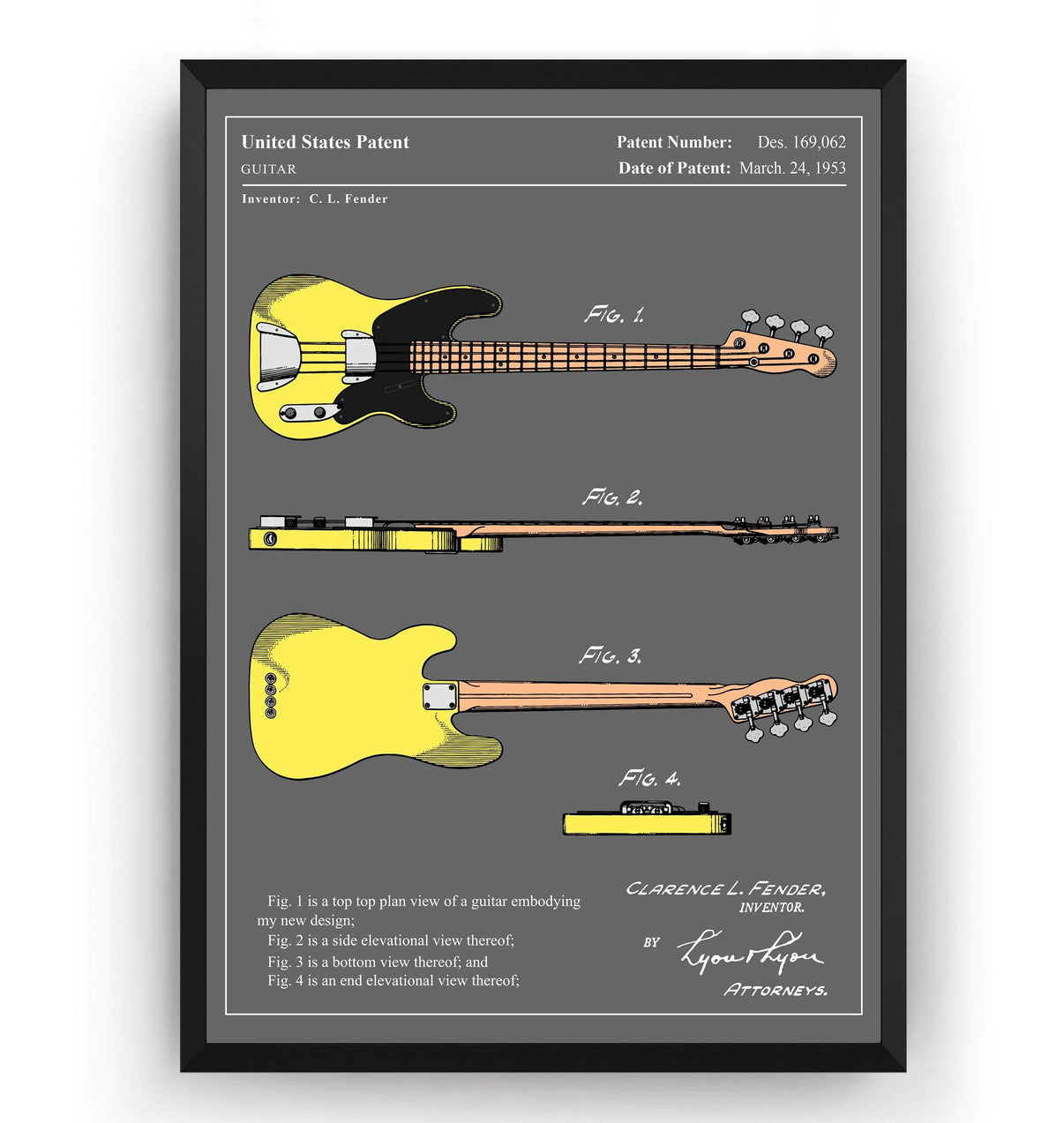 Colourised Fender Telecaster Bass Guitar 1953 Patent Print - Magic Posters