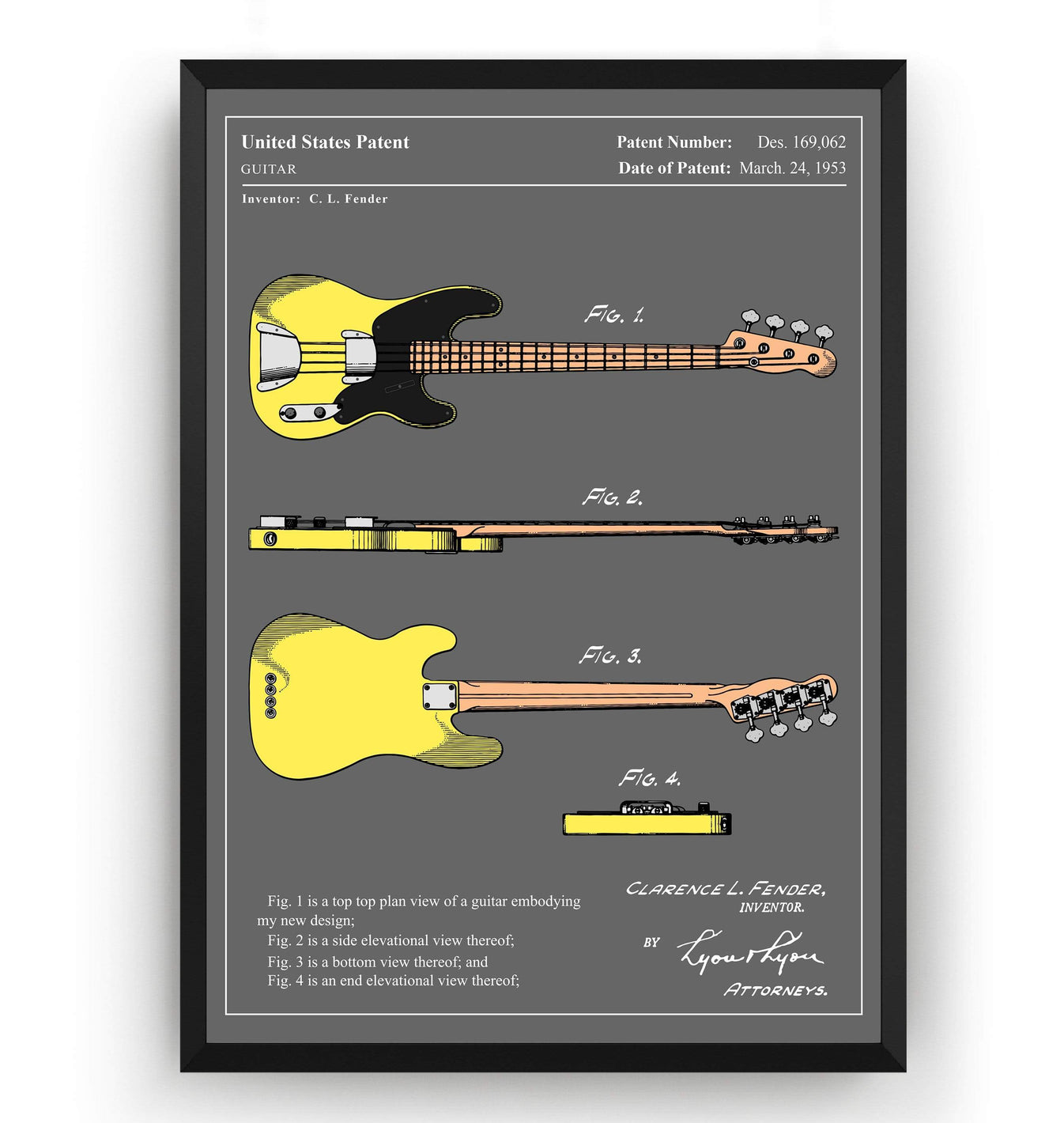 Colourised Fender Telecaster Bass Guitar 1953 Patent Print - Magic Posters