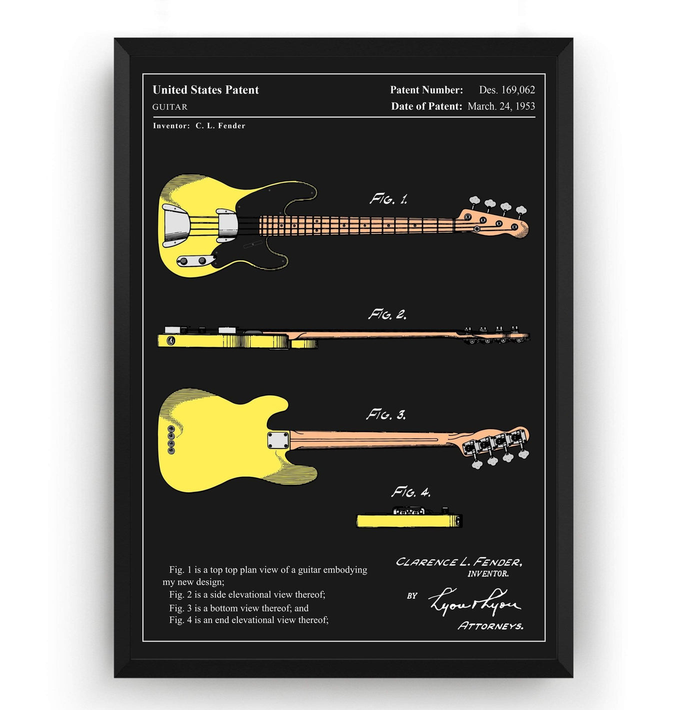 Colourised Fender Telecaster Bass Guitar 1953 Patent Print - Magic Posters