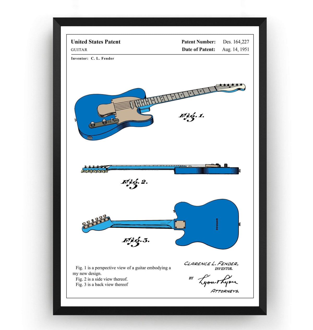 Colourised Fender Telecaster Guitar 1951 Patent Print - Magic Posters